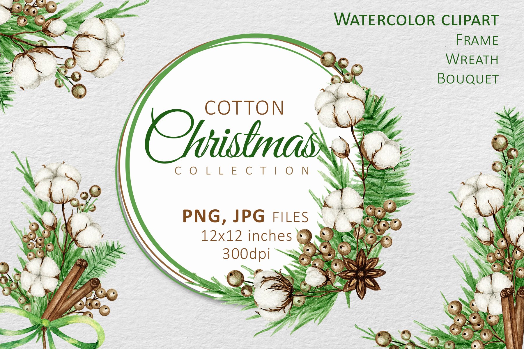 Watercolor Christmas wreath, frame Greenery Bouquet Clipart