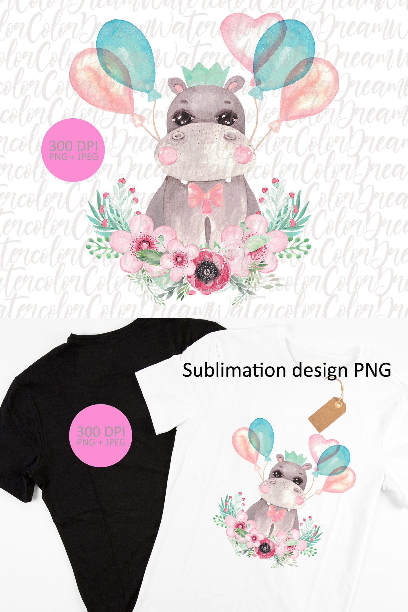 Floral Hippo Sublimation Graphics PNG