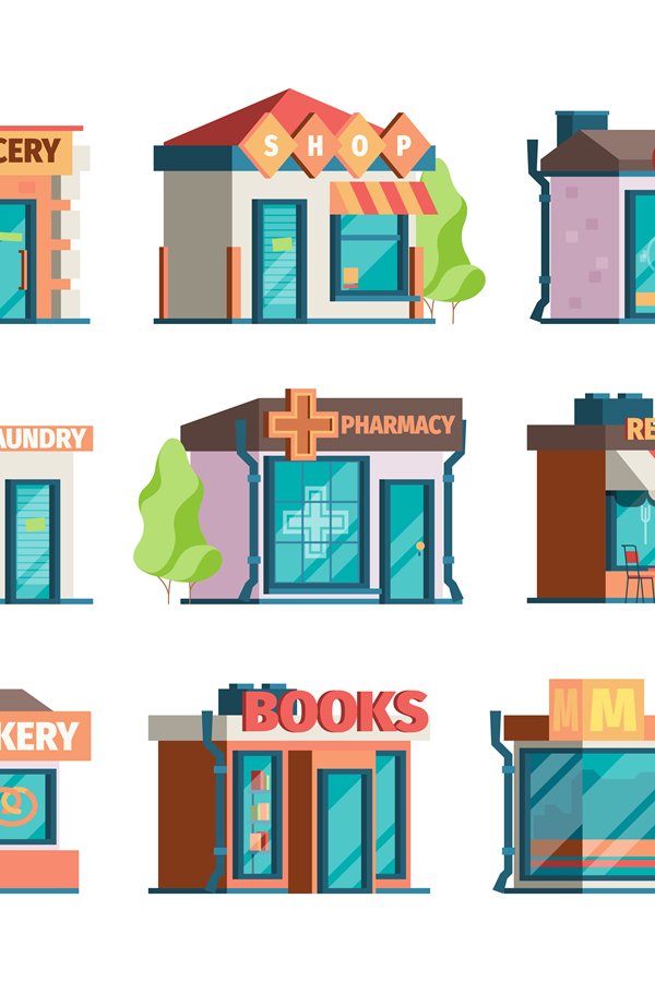 Storefront facade. Urban local market facade exterior modern