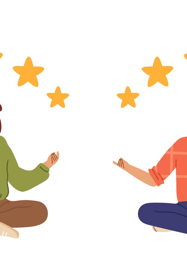 Five stars rating. Golden star flying over happy relaxed peo