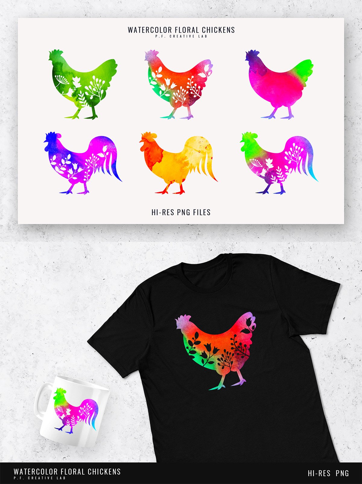 Watercolor Floral Chickens Sublimation Bundle (2158615)