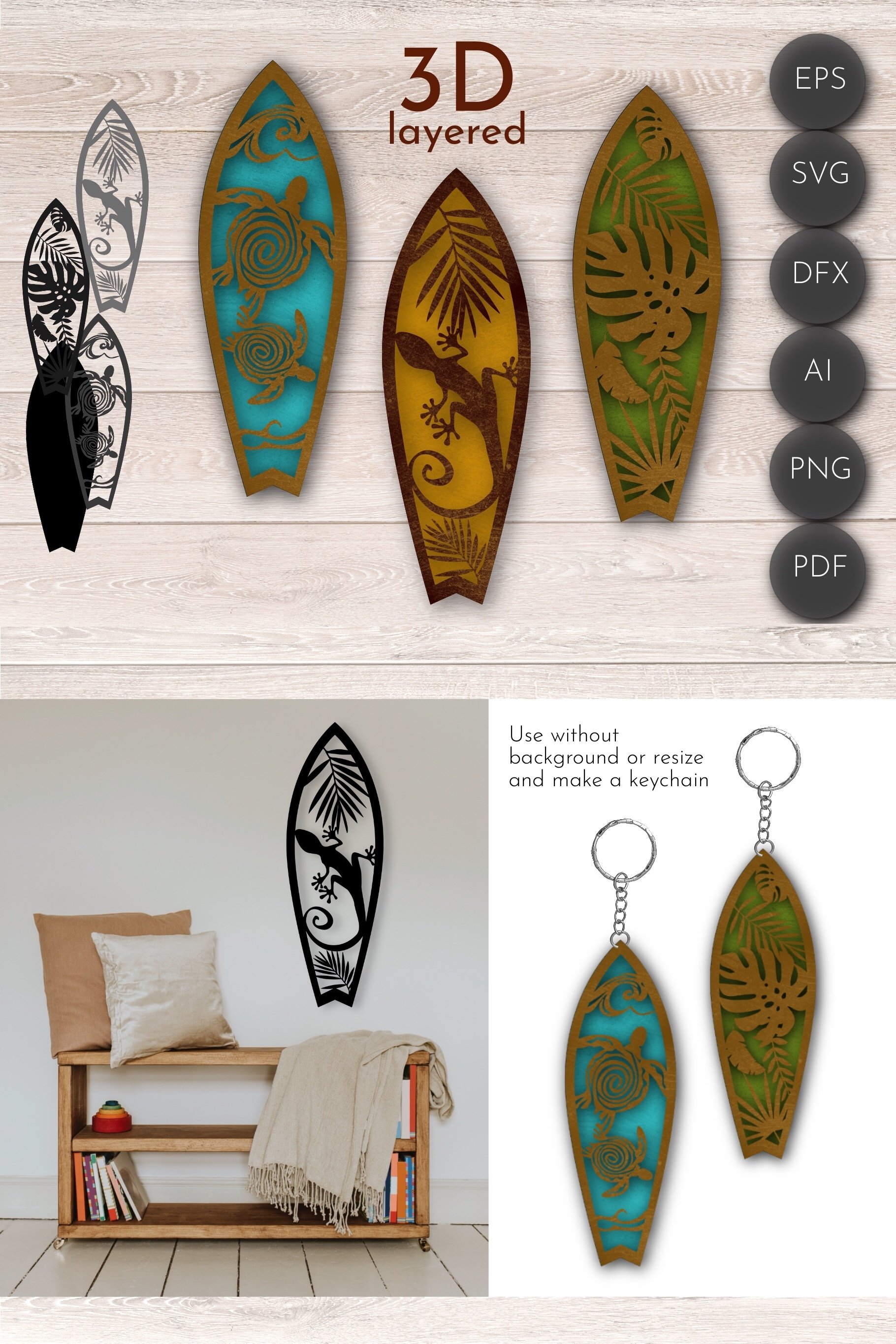 3D Layered SVG, Surf wall art, summer sports Laser (2039792)