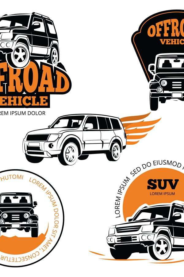 Off-road vehicle labels or logos set isolated on white backg