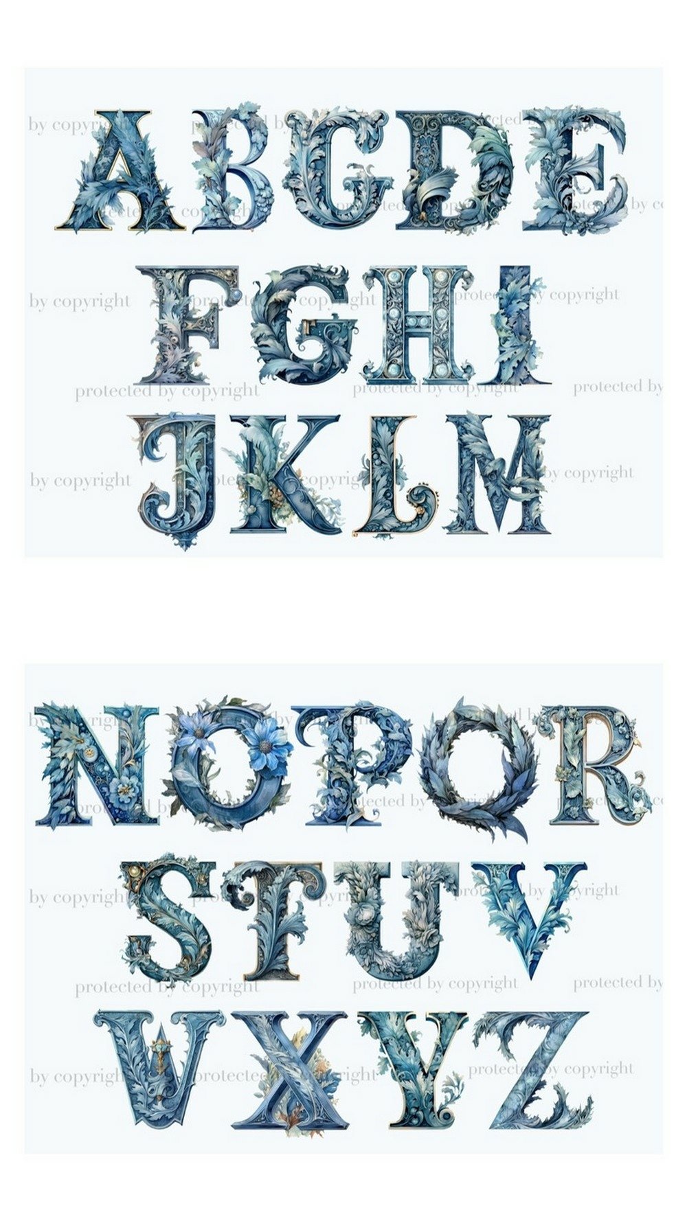 Blue Flowers Alphabet Clipart | Wedding Lettering