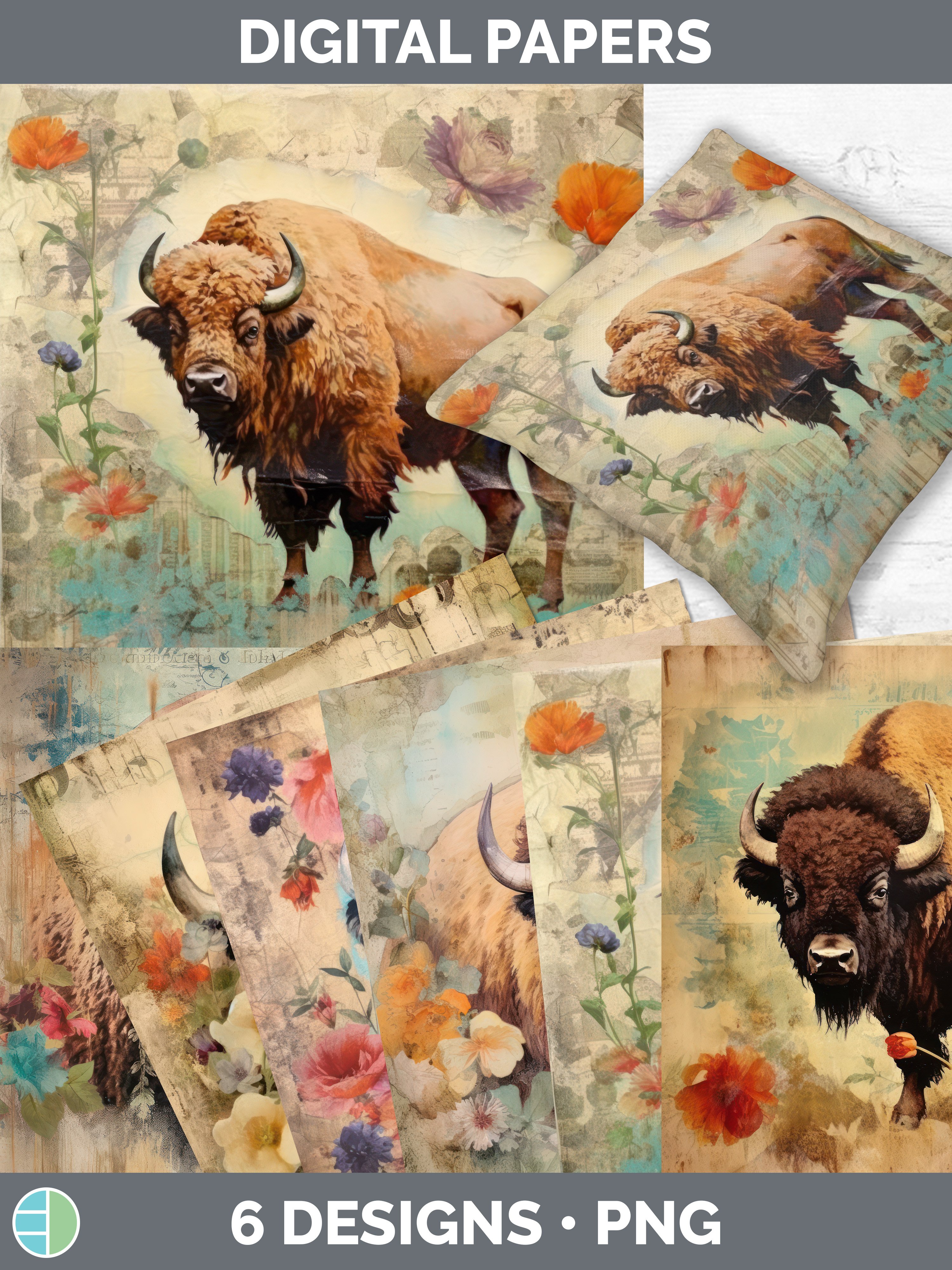 Vintage Buffalo Paper Backgrounds | Digital Scrapbook Papers