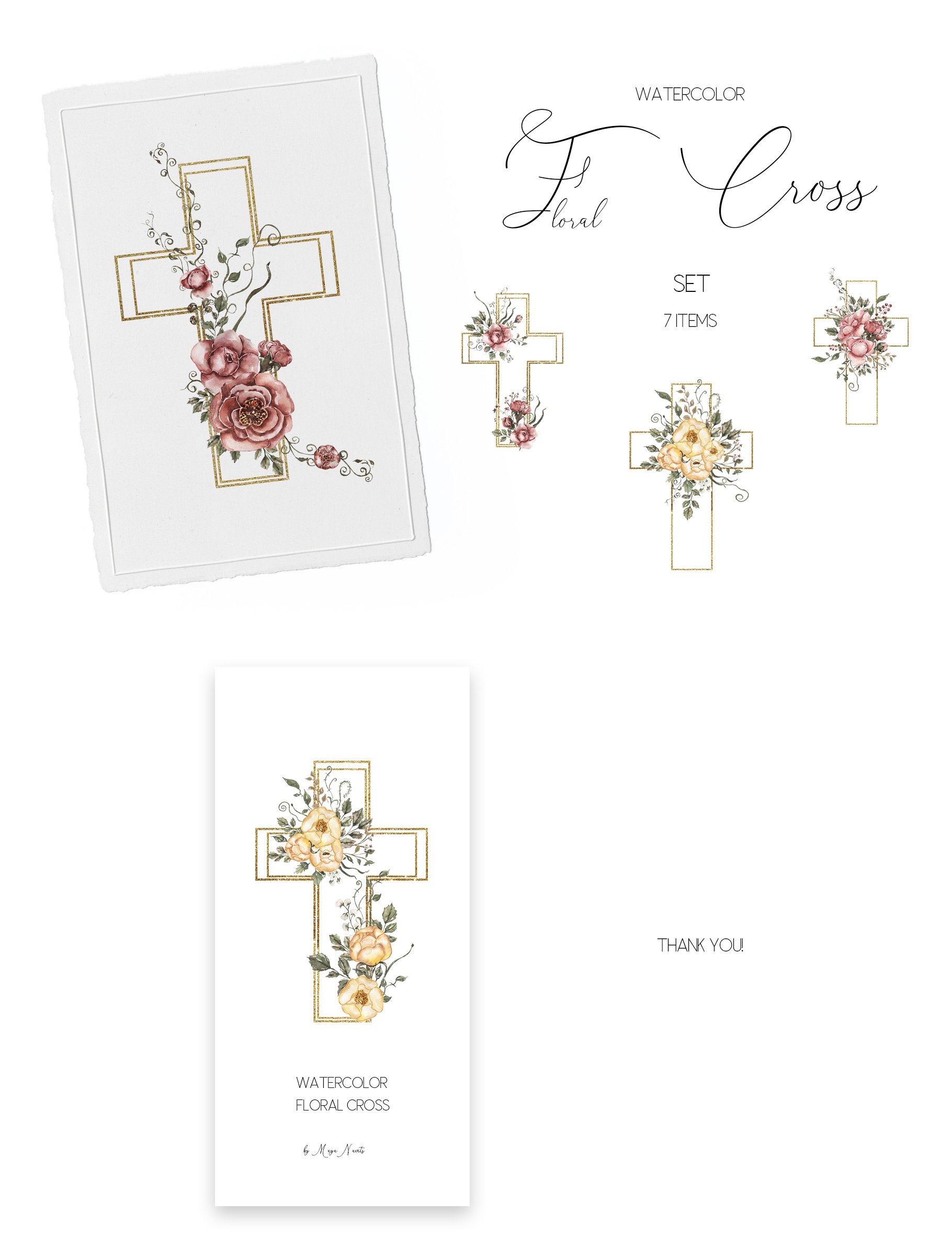 Watercolor Floral Crosses set