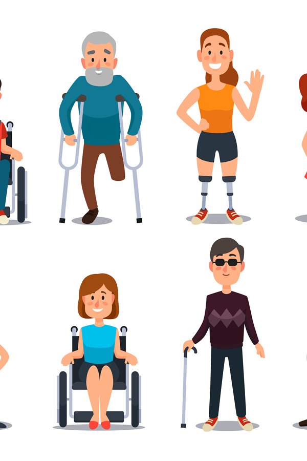 Disability people. Cartoon sick and disabled characters. Per