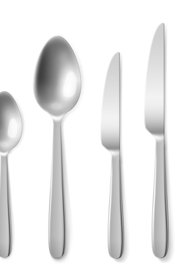 Realistic cutlery. 3d silverware clean closeup top view coll
