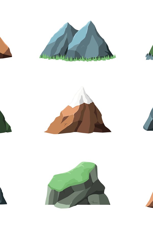 Mountain elements. Snow mountains, outdoor summer landscape.