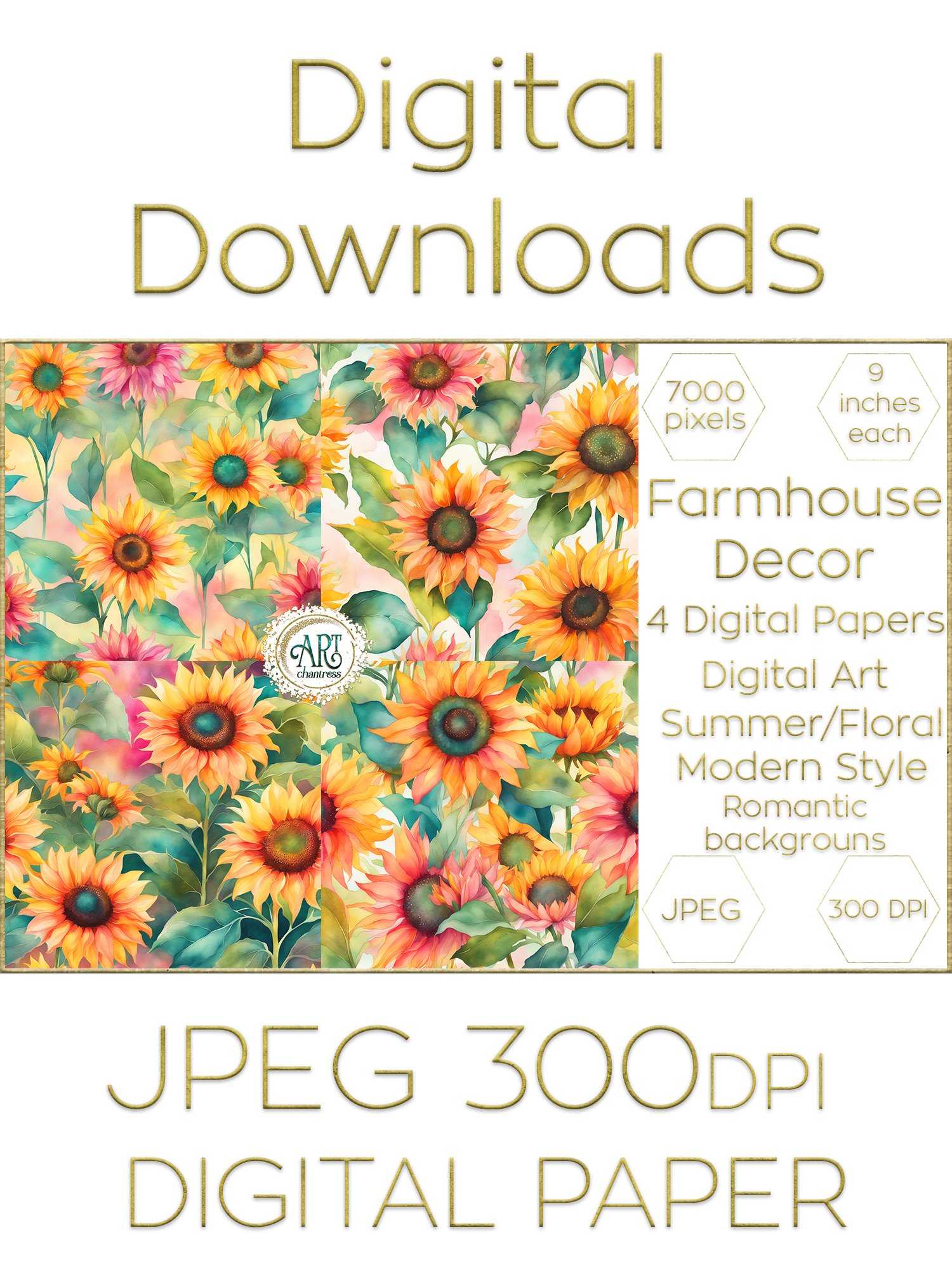Watercolor Vintage Sunflower Digital Paper (3550873)
