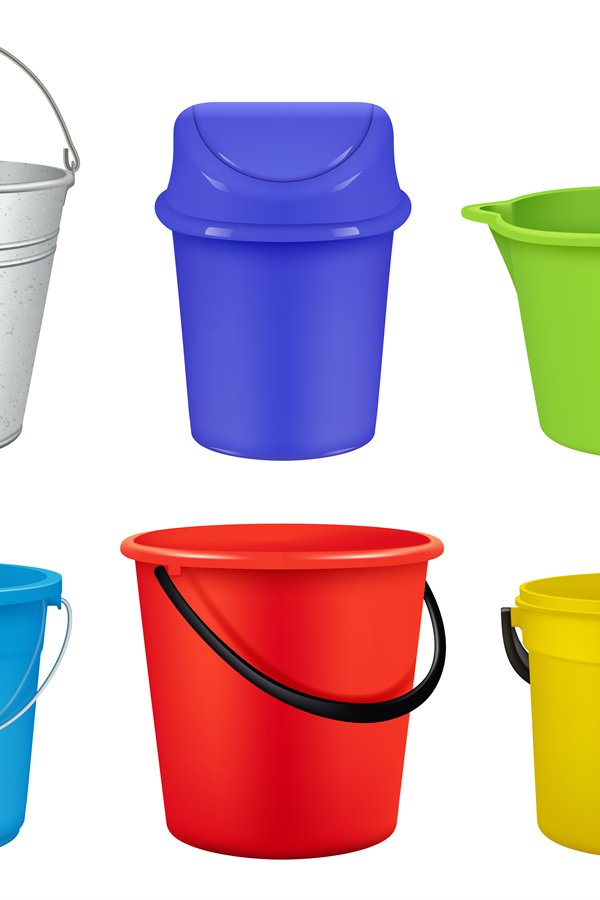 Buckets collection. Empty plastic or metal containers for li
