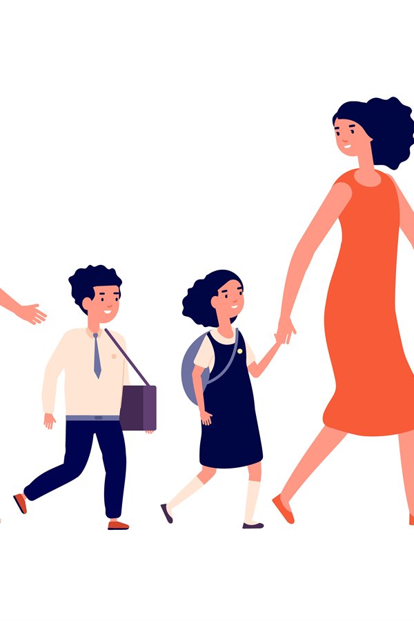 Parents and kids. Students go to school, large family mother