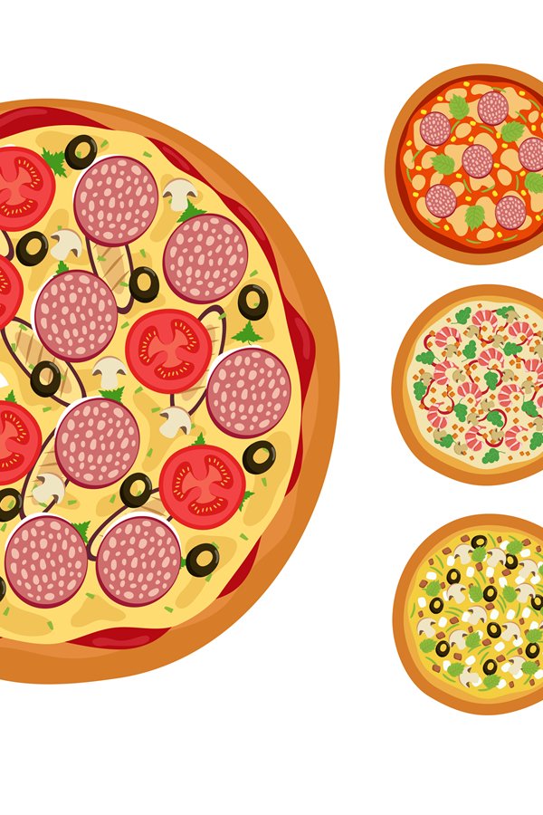 Traditional pizza elements. Whole hot pizza slices vector se