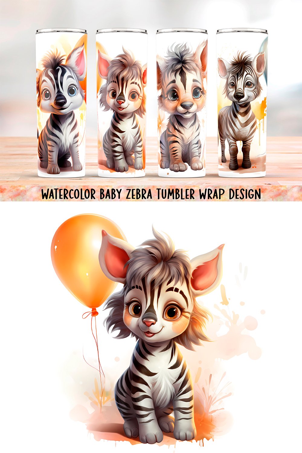 Watercolor baby Zebra Tumbler Wrap|PNG Sublimation.