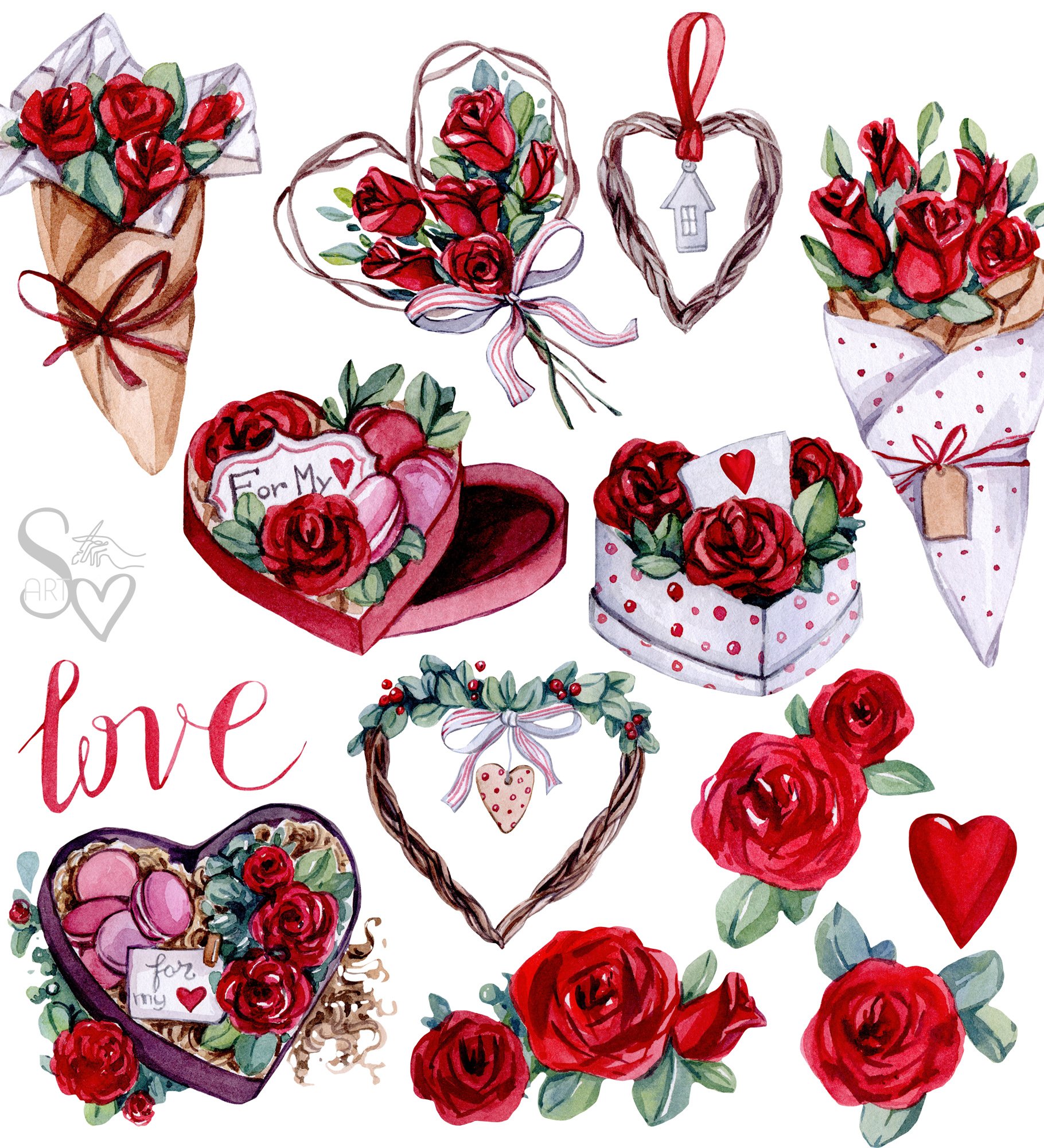 Watercolor Valentine Day Clipart-Red roses,Bouquets,gifts