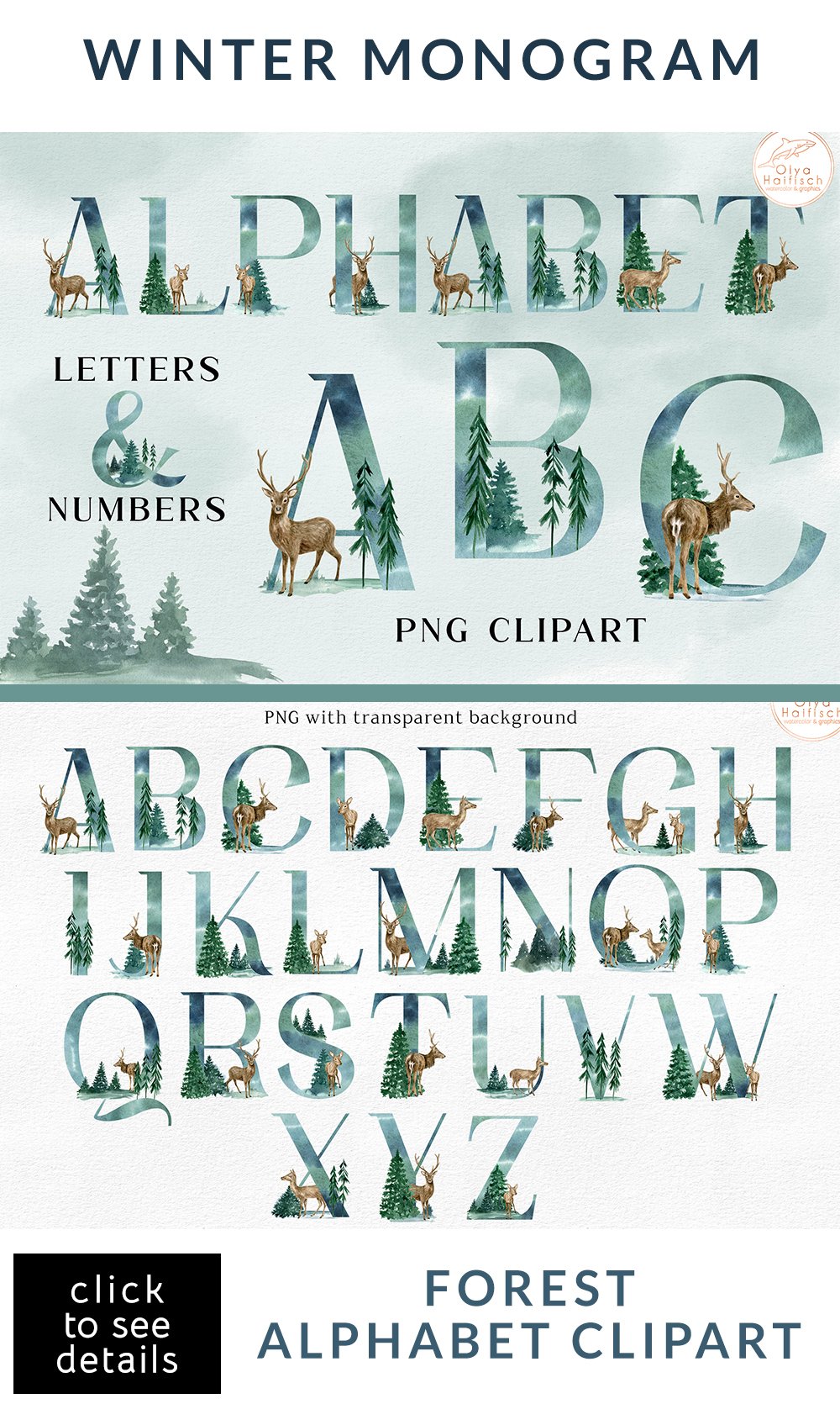 Forest Alphabet Clipart. Watercolor Winter Letters PNG