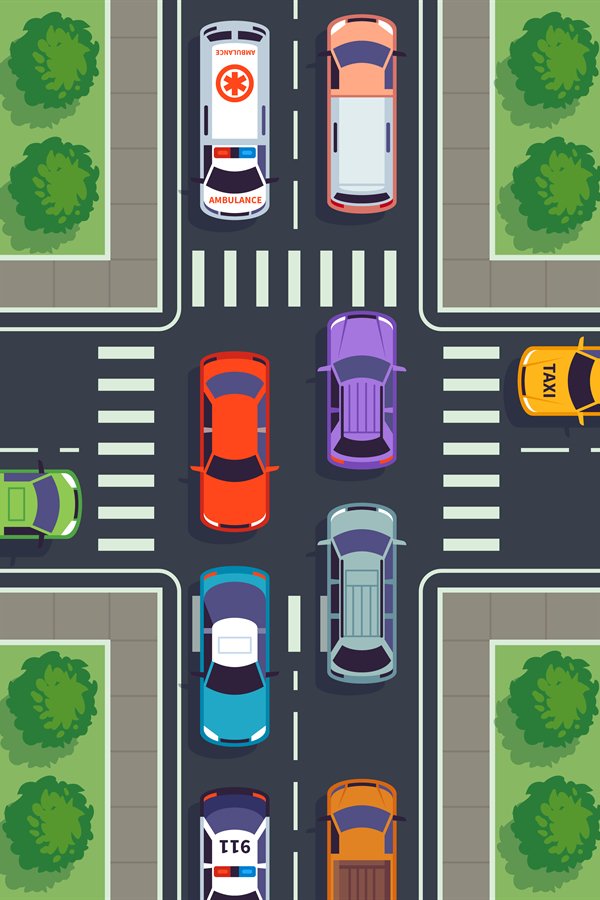 Crossroad top view. City car traffic top viewing house road