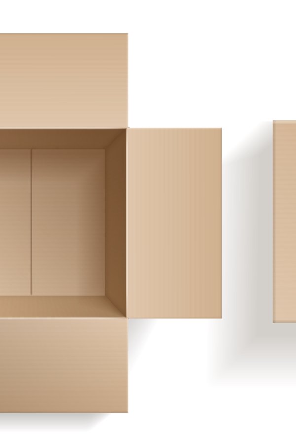 Top view cardboard box. Closed and open beige boxes inside a
