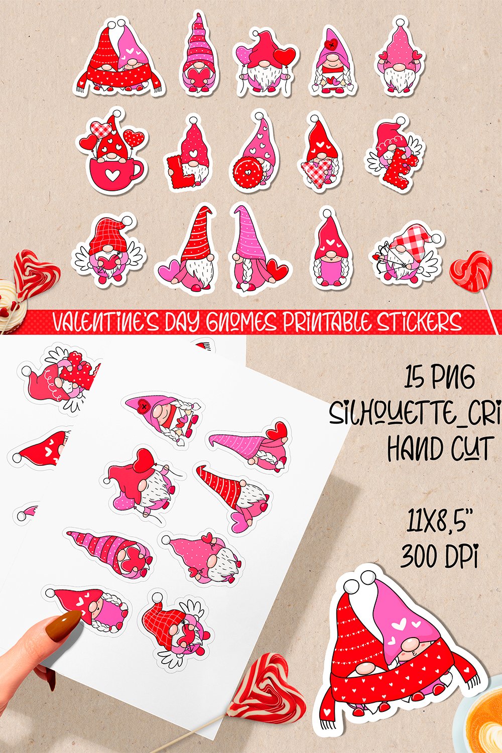Valentine's day gnomes printable stickers. PNG, JPG.