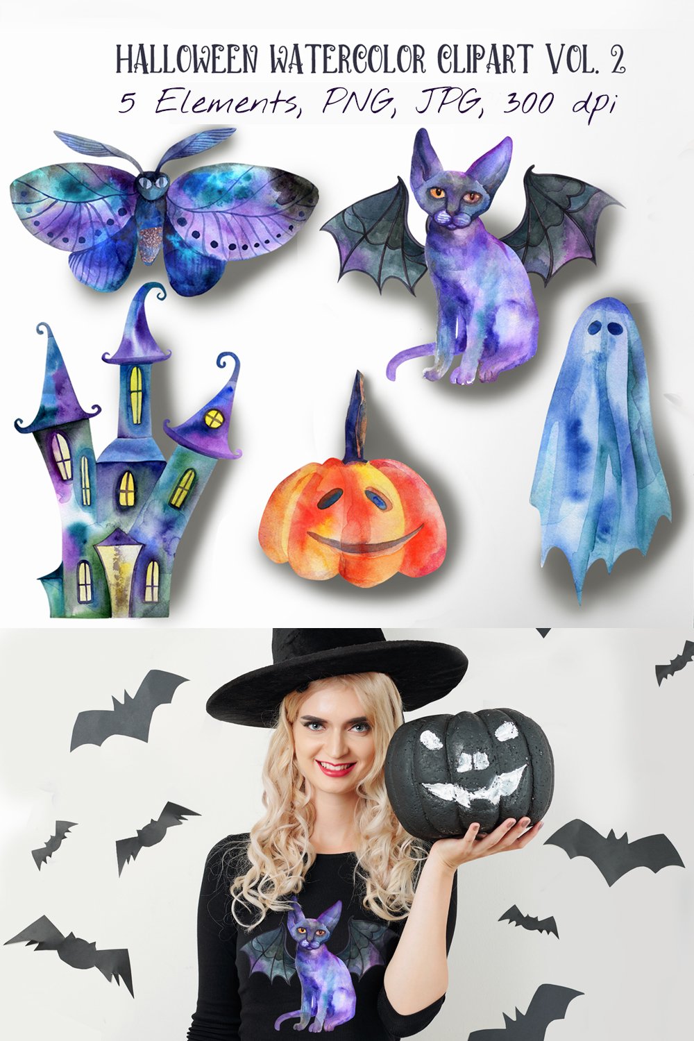 Halloween watercolor. Pumpkin, haunted house, ghost, cat