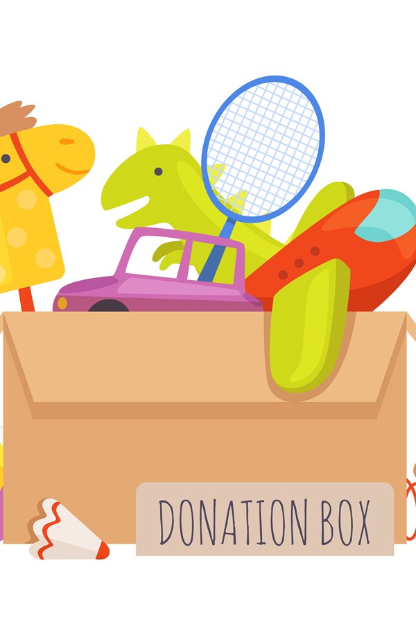 Donation box. Voluntary help children, isolated box with toy