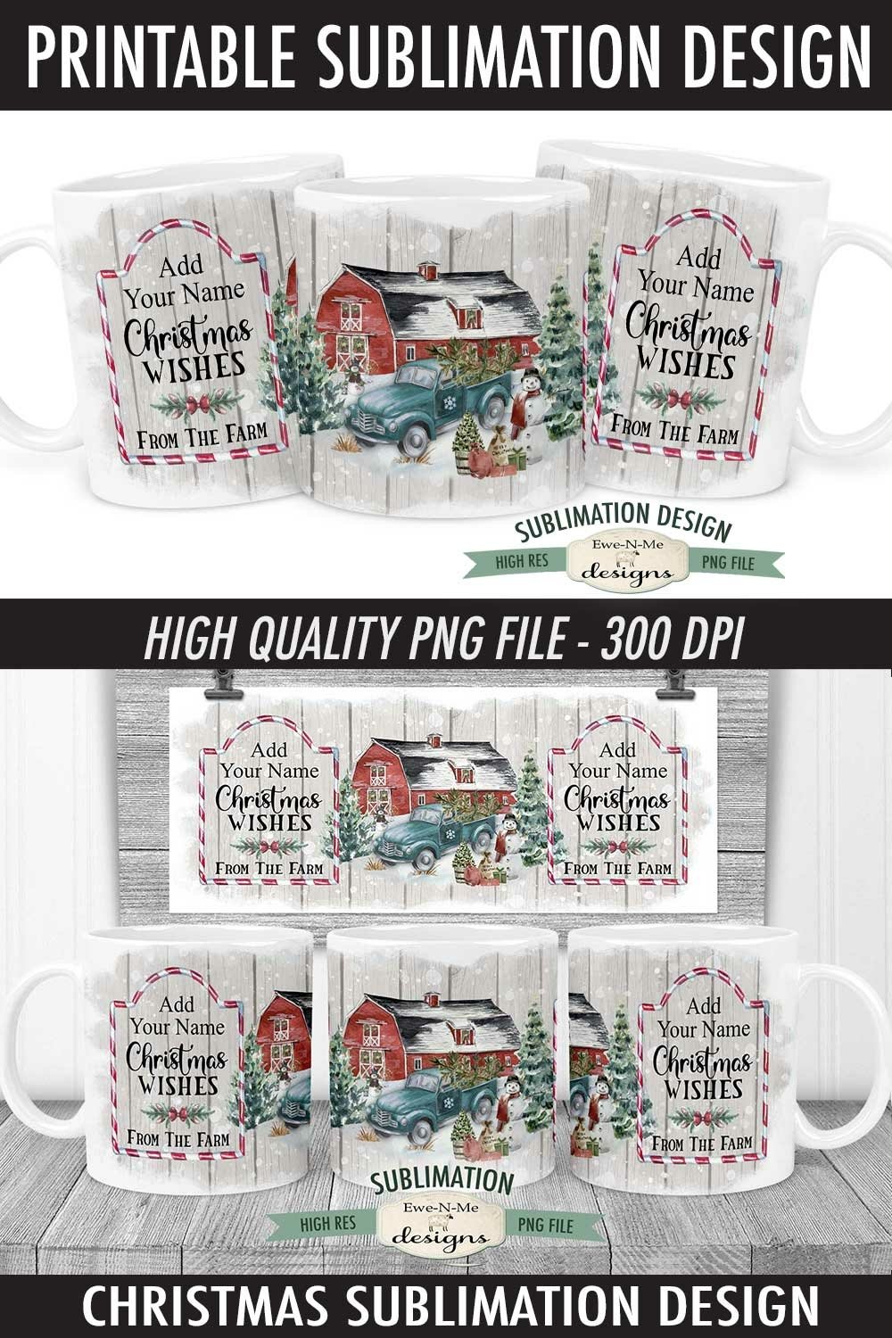 Blue Truck Christmas Wishes Barn Mug Sublimation 11 & 15 oz