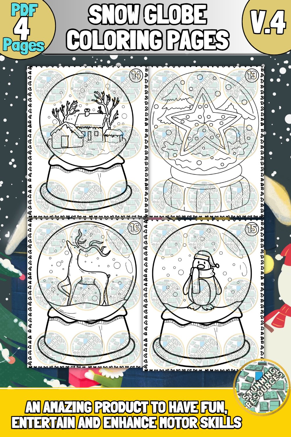 Snow Globe Coloring Pages, PDF 4 Pages V.4