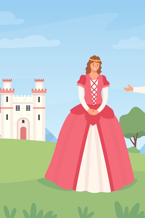 Landscape with prince and princess. Cartoon fairytale castle