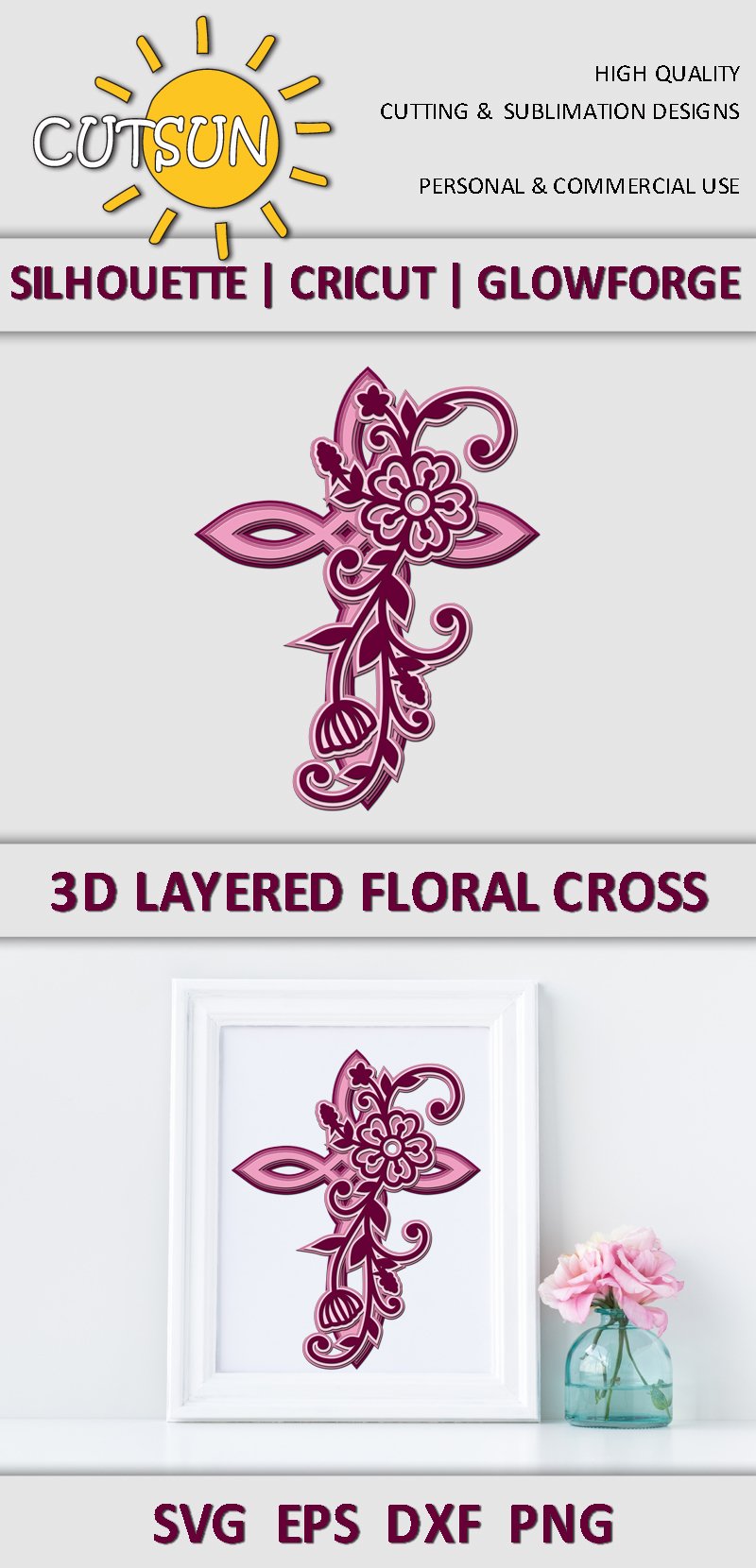 3D Layered Cross SVG cut file| Layered Floral cross SVG file