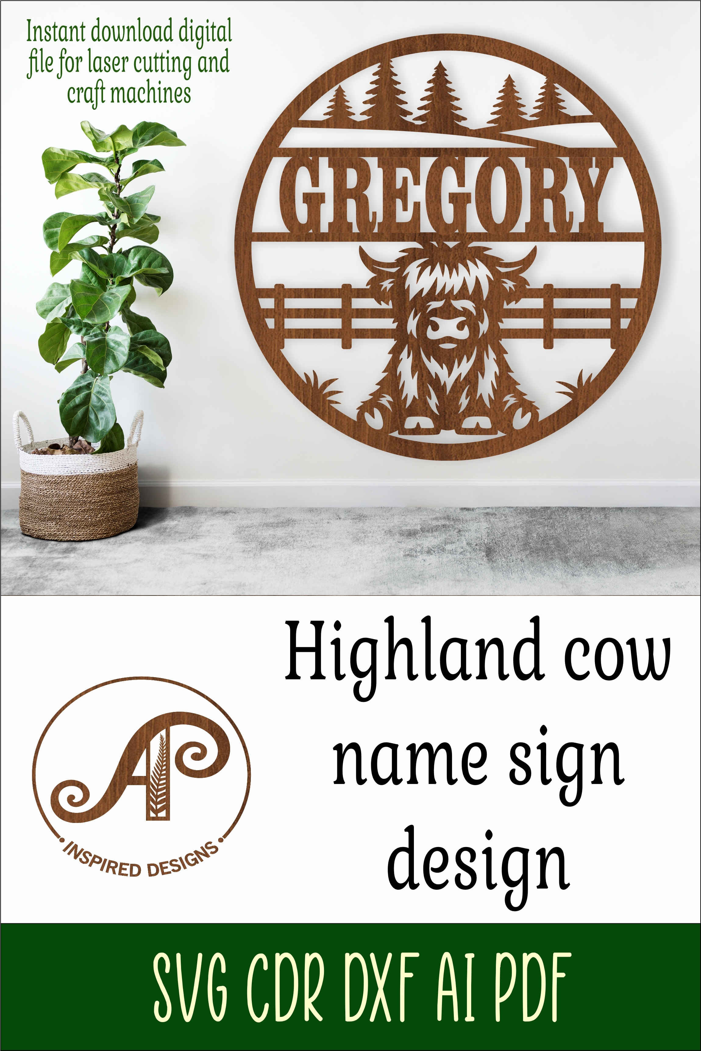 Highland cow name sign design for laser cutting (6449443)
