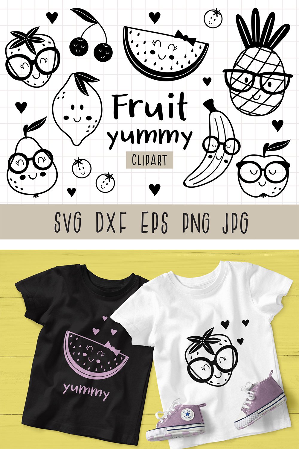 Black and white fruit SVG Bundle,Cute Fruits clipart, summer