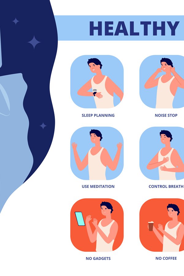 Healthy sleep. Tips for well sleeping, infographic of good n