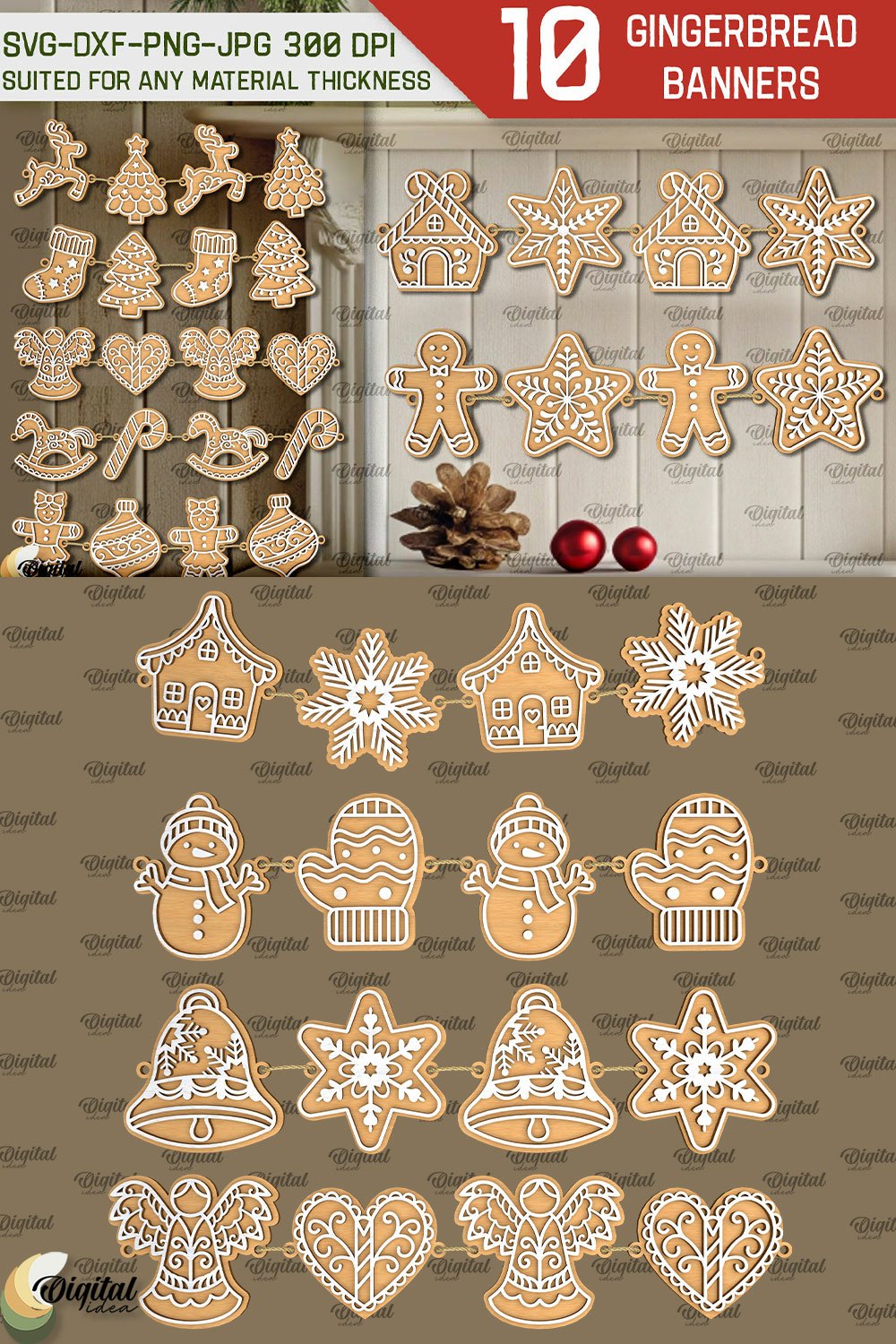 Gingerbread Banners Laser Cut Bundle. Christmas Banners SVG