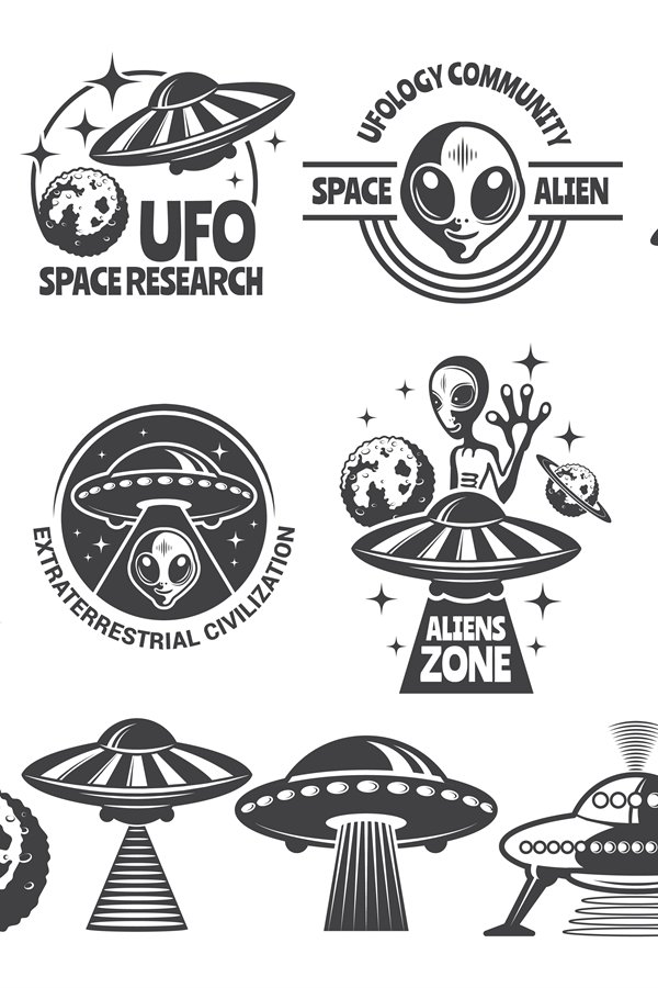 Badges set with ufo and aliens. Vector design templates with