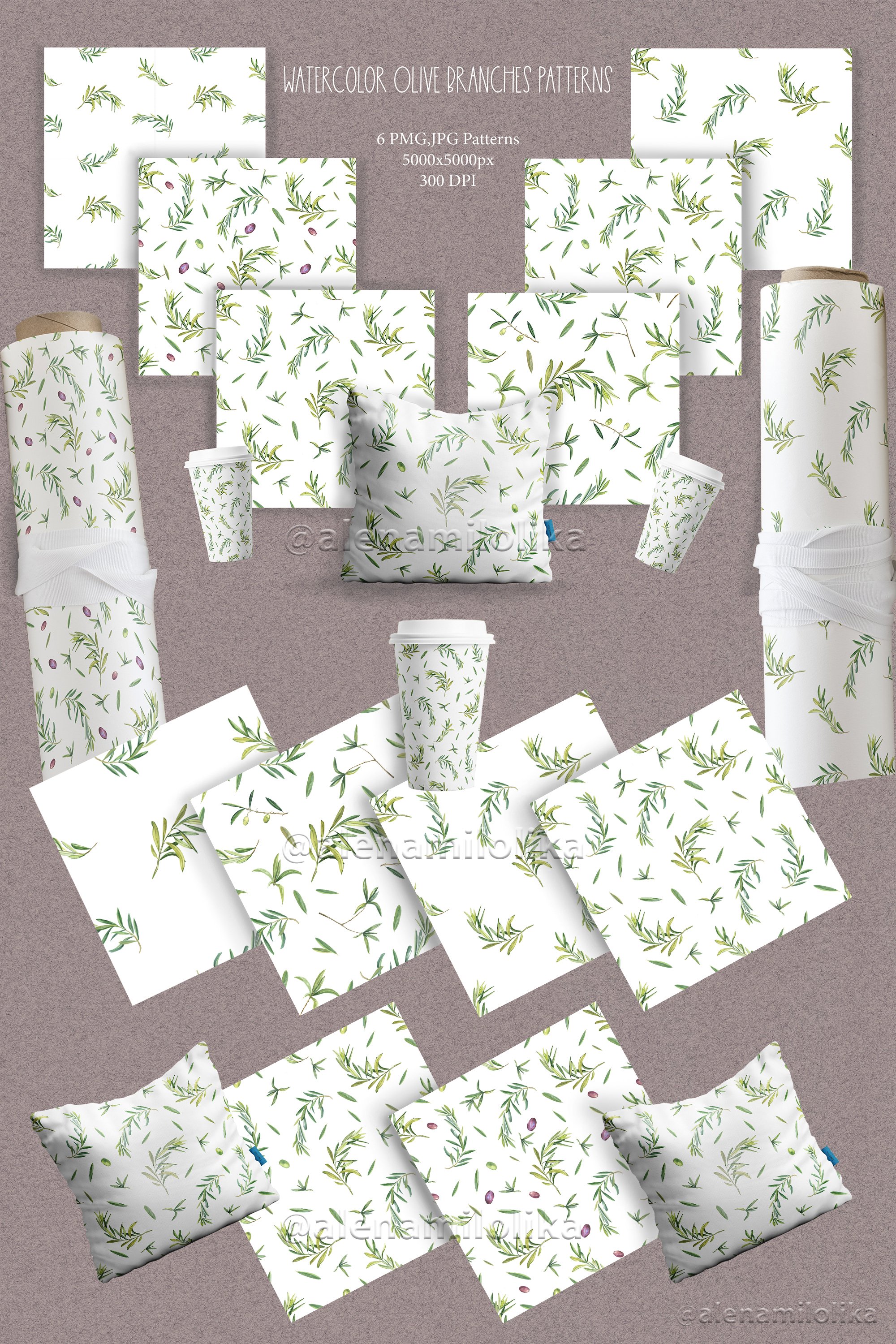 Watercolor olives seamless patterns. Digital papers