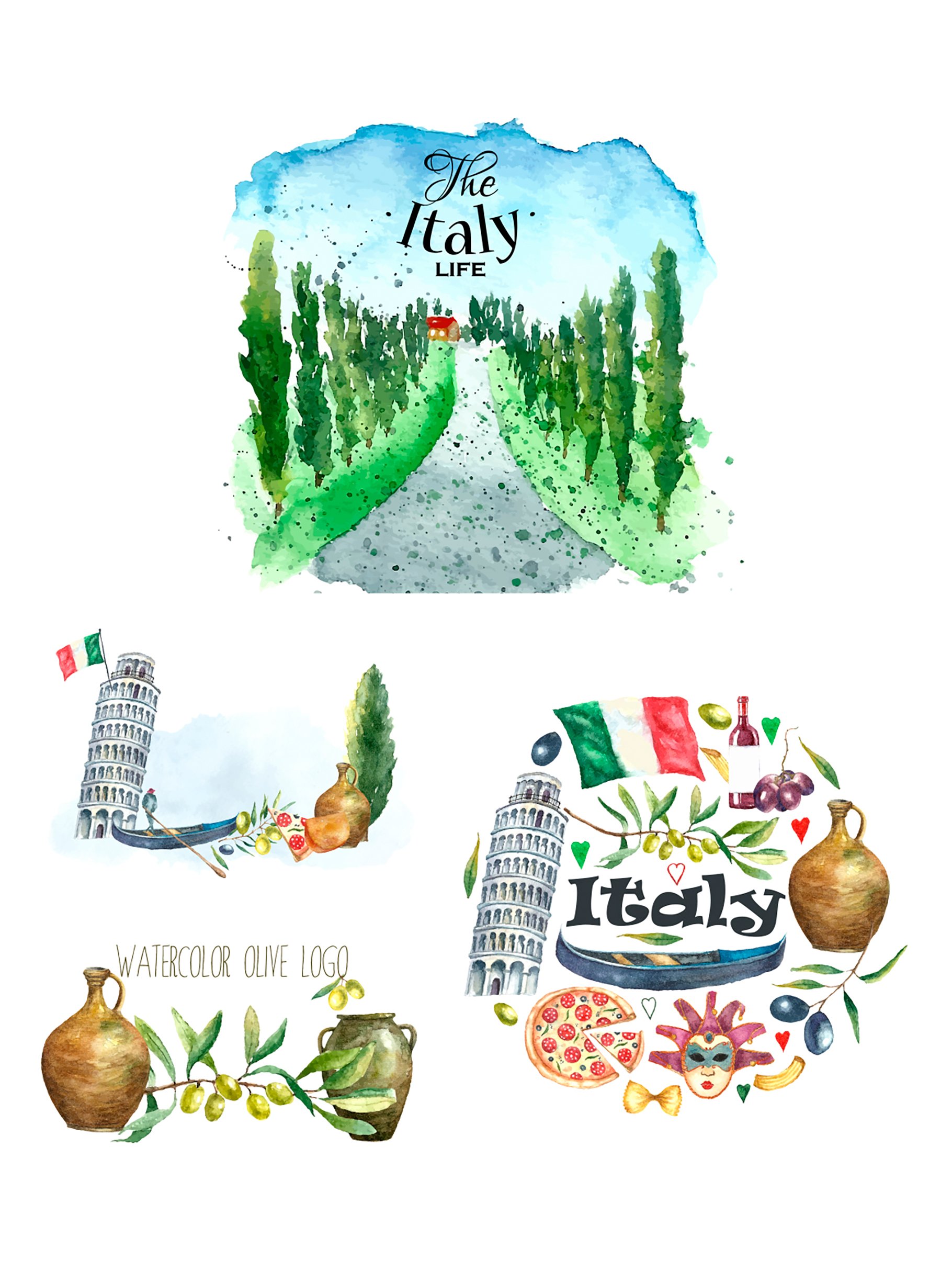 Watercolor set of Italy