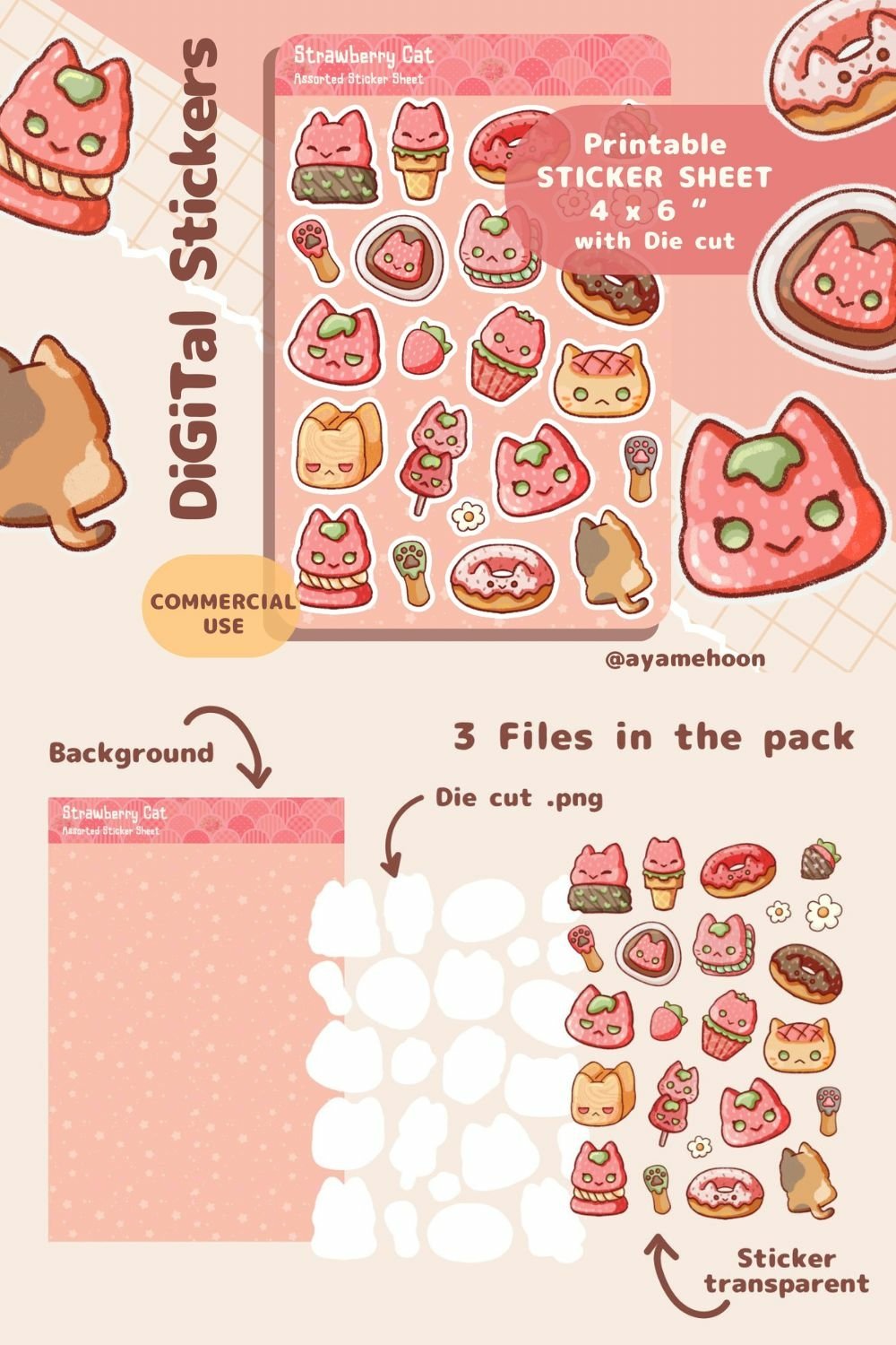 Strawberry cat Sticker Sheet | Printable Digital stickers