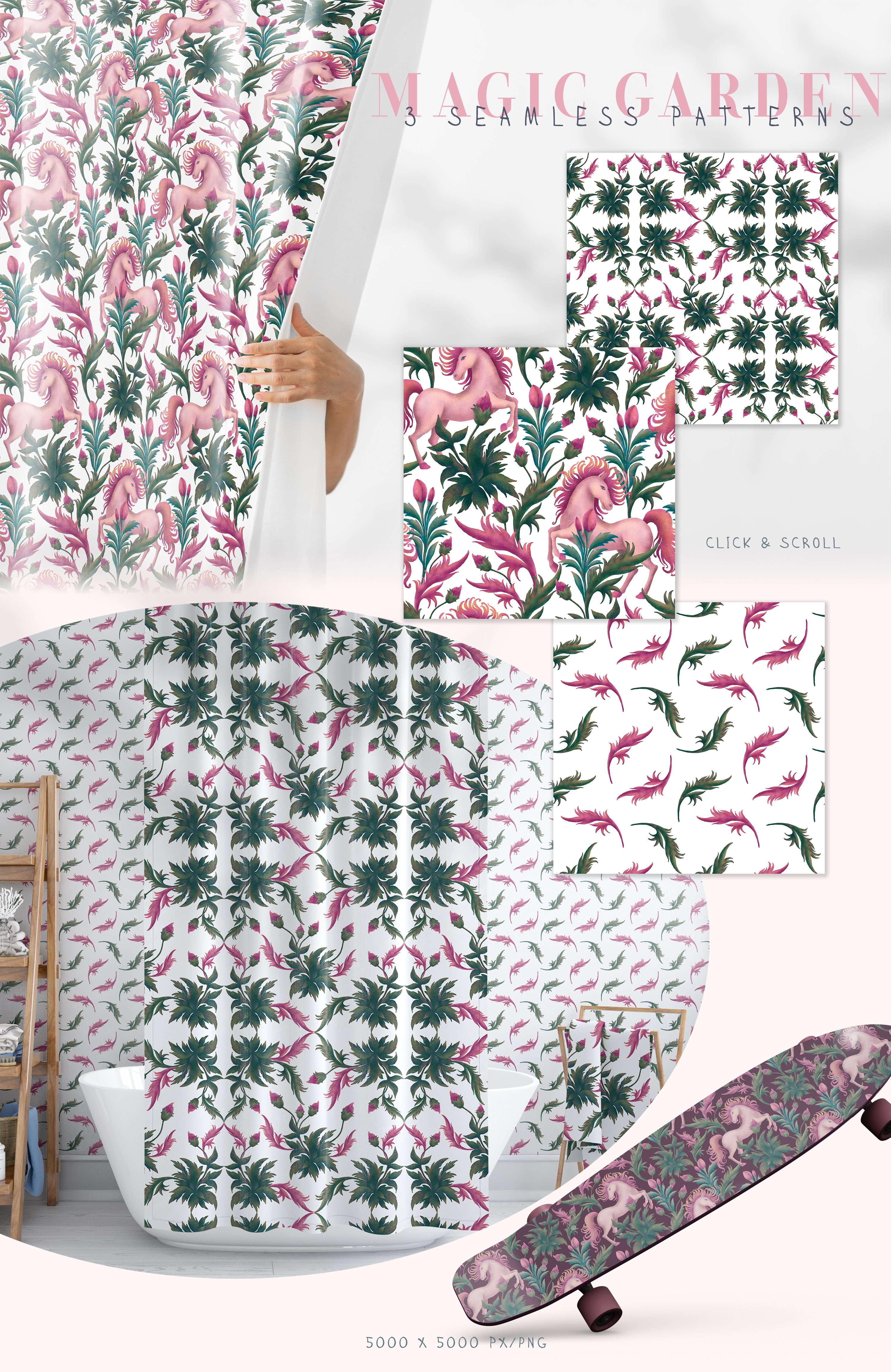 Floral pink horse seamless patterns