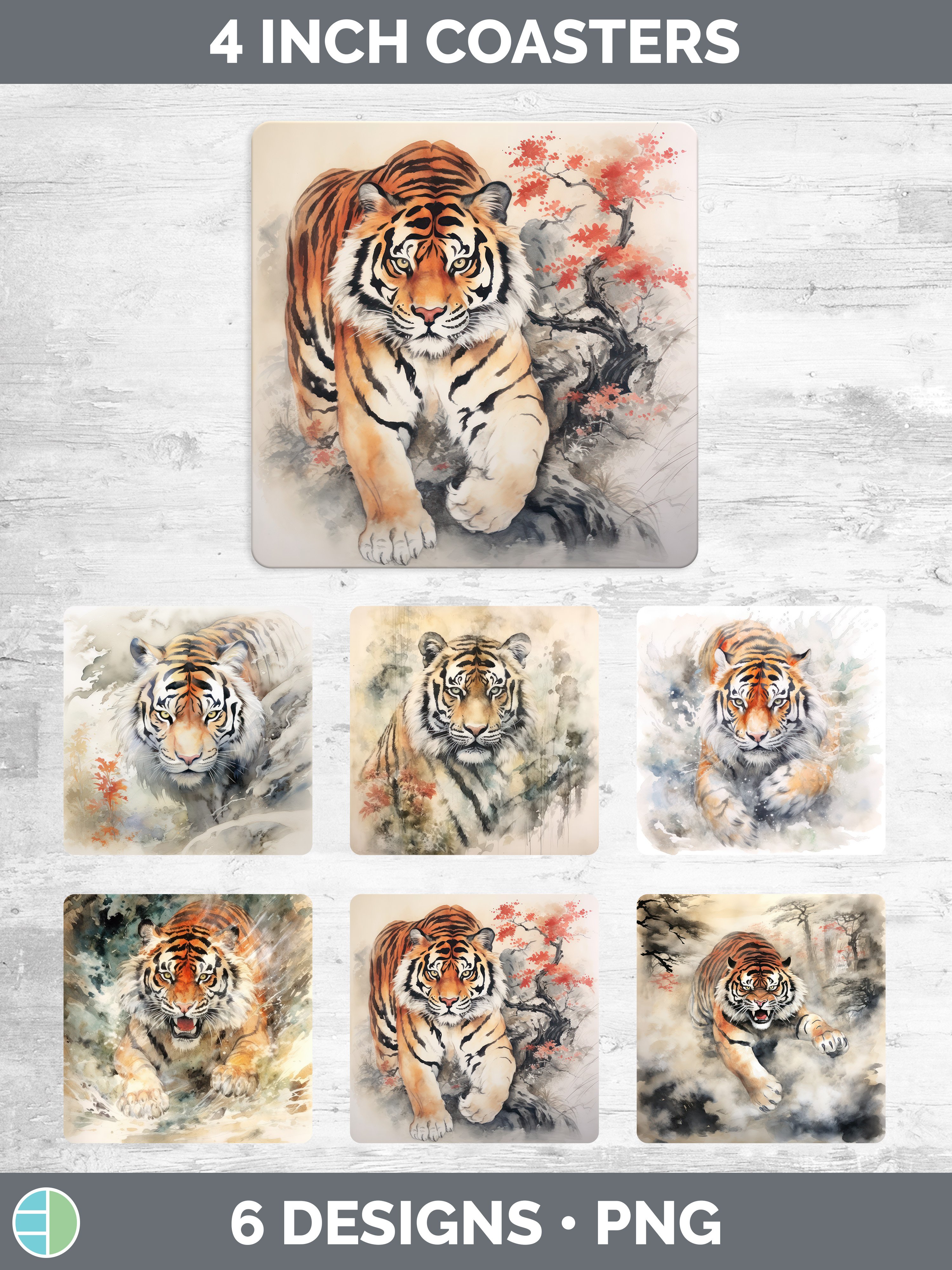Japanese Watercolor Tiger Square Coaster | Sublimation Coast