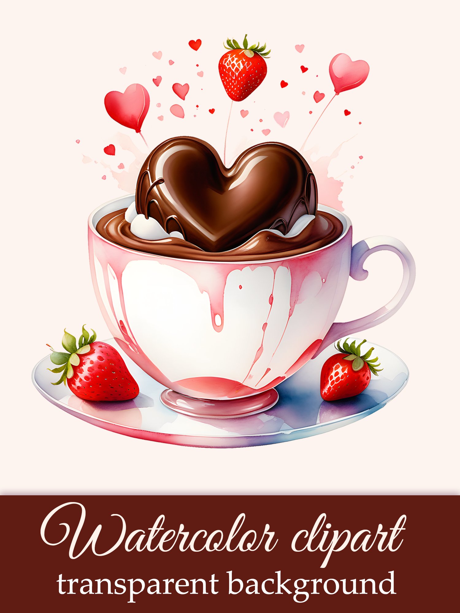 Watercolor coffee cup with hearts and chocolate, clipart Png