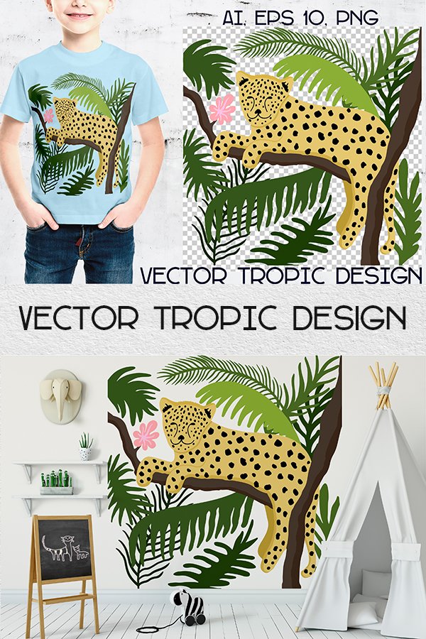 Tropical animal, Leopard on tree, kids vector illustration
