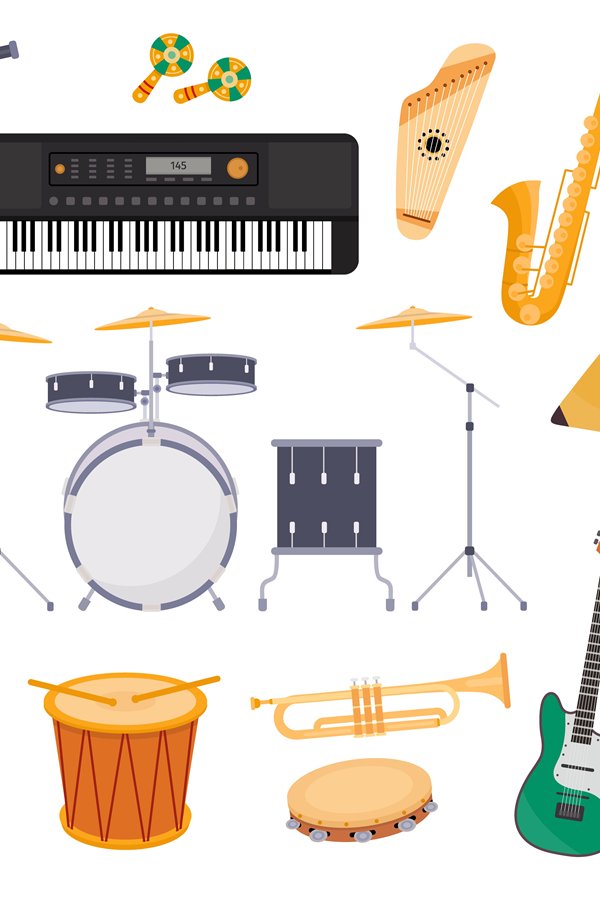 Flat musical instrument, guitar, accordion, drum, saxophone