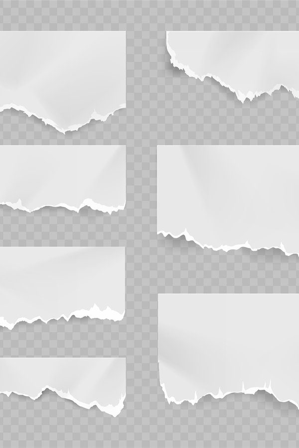 Realistic torn and ripped white paper sheet with folds. Note