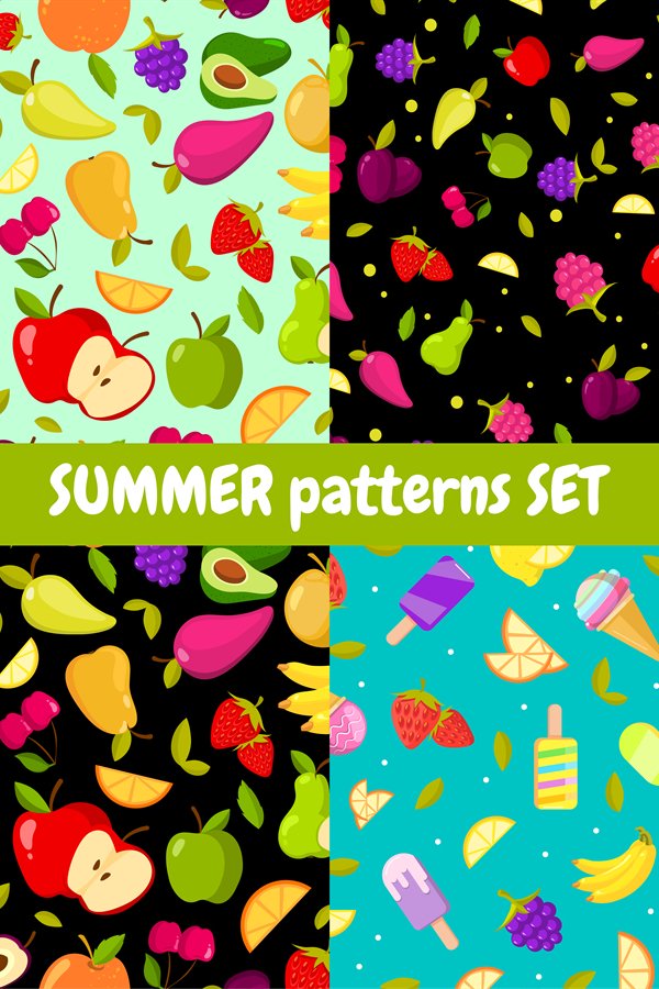 Vector seamless summer patterns set. colorful cartoon backgr