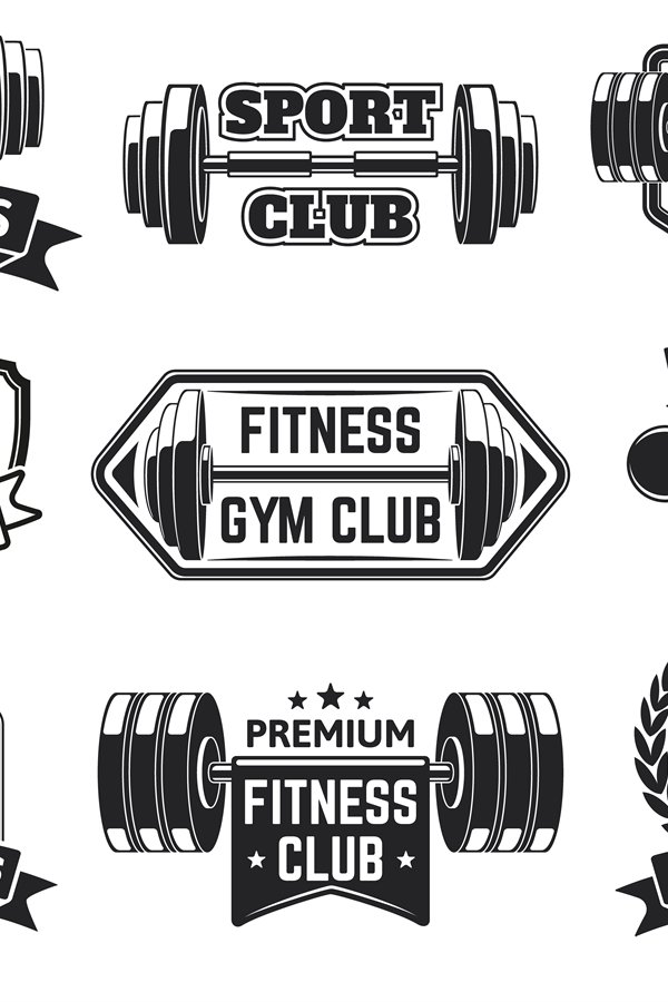Gym labels. Sport, bodybuilding, fitness equipment symbols,