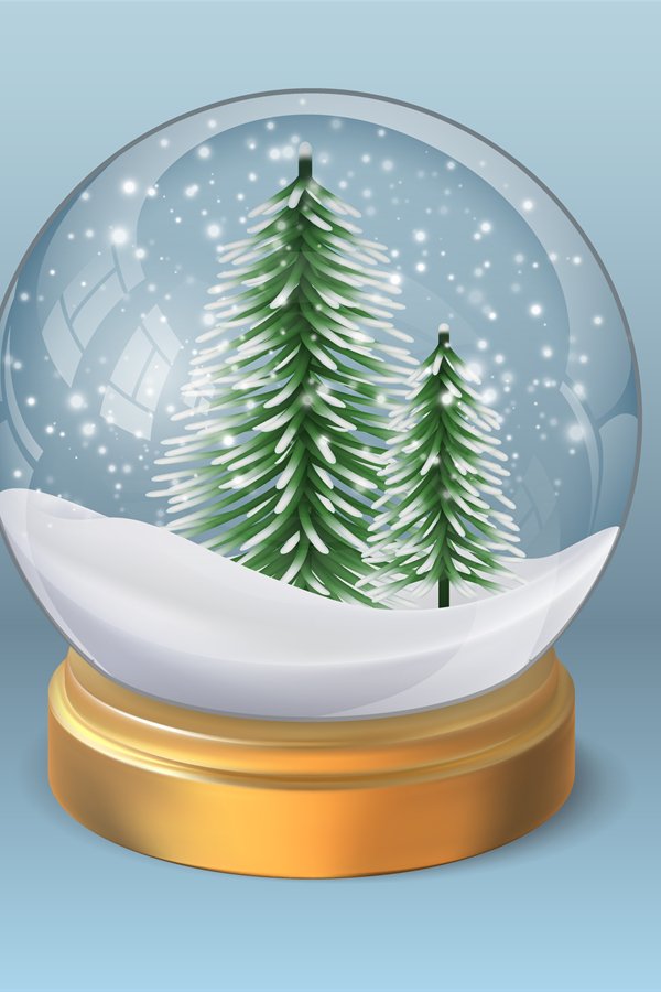 Realistic crystal snow ball with snowman and christmas tree.