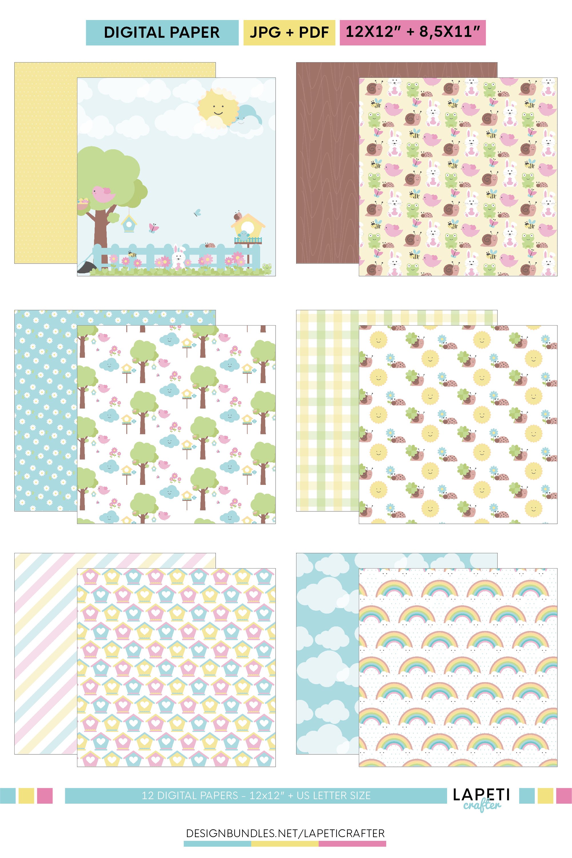 Spring scrapbook paper with animal and nature illustrations