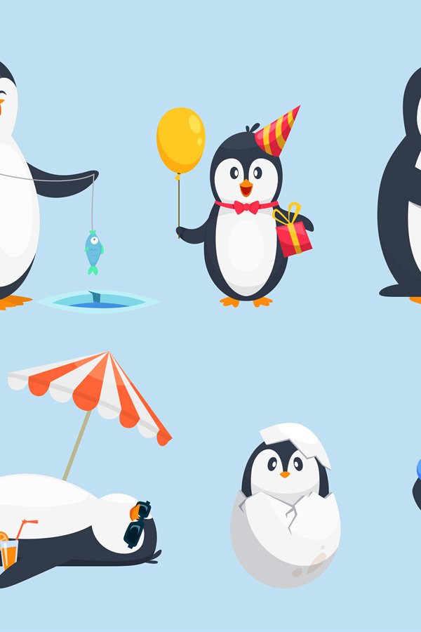 Illustrations of baby pinguins in different poses. Vector ca