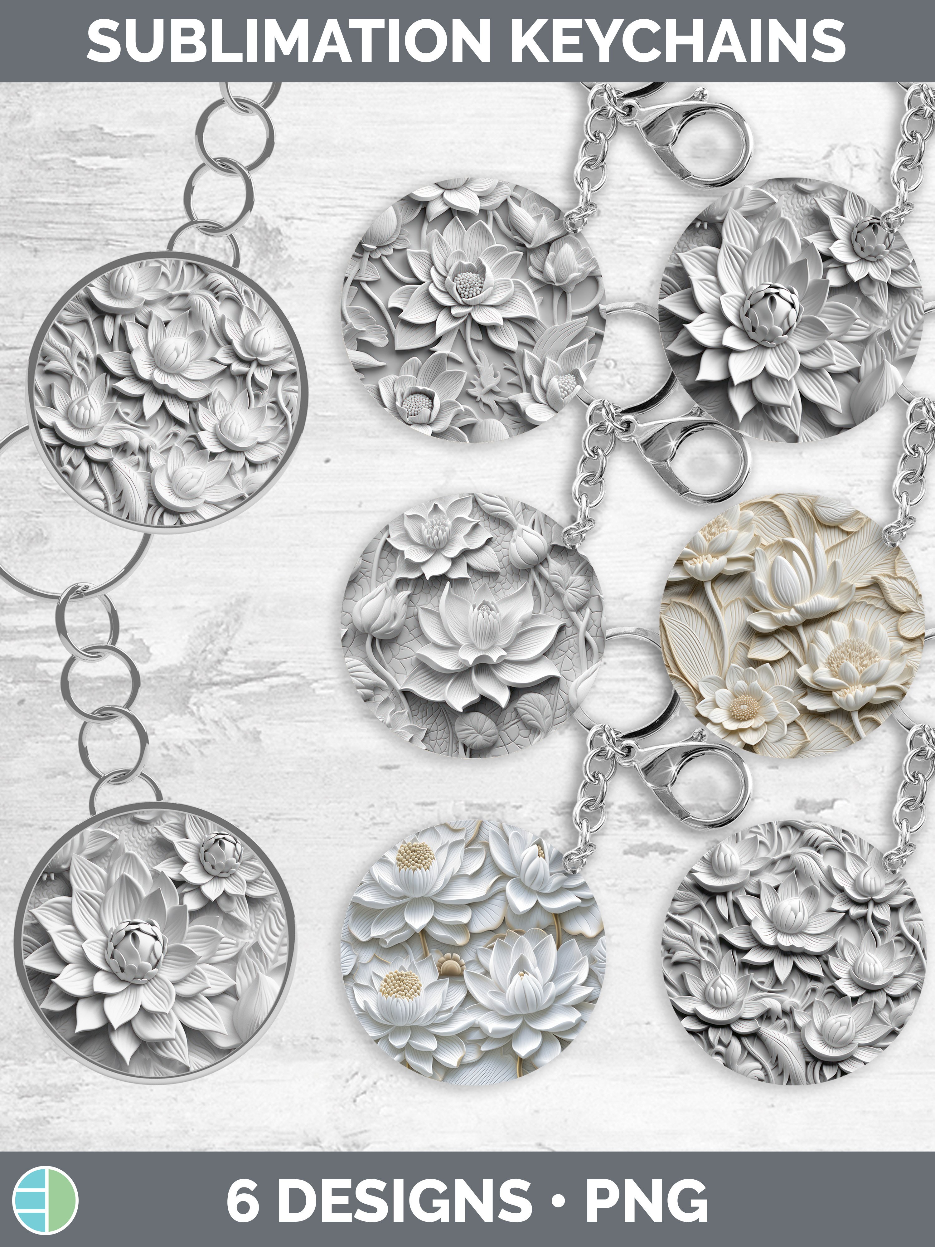3D White Lotus Flowers Keychain | Sublimation Keyring Design
