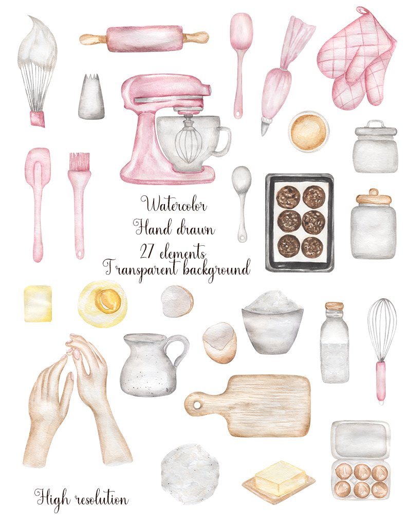 Watercolor Baking Supplies Clipart Bundle